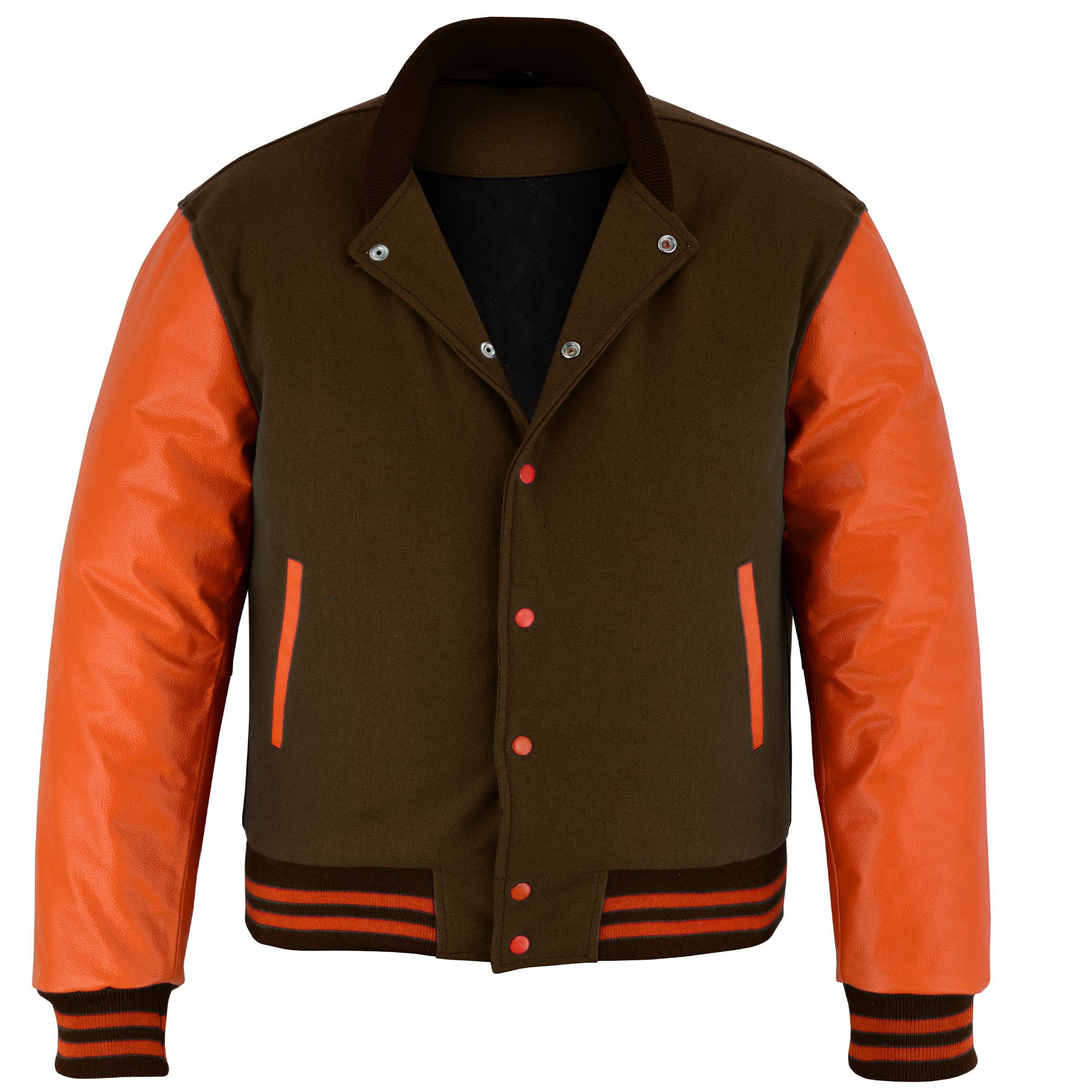 Classic Varsity Letterman Jacket Brown Wool with Orange Sleeves ...