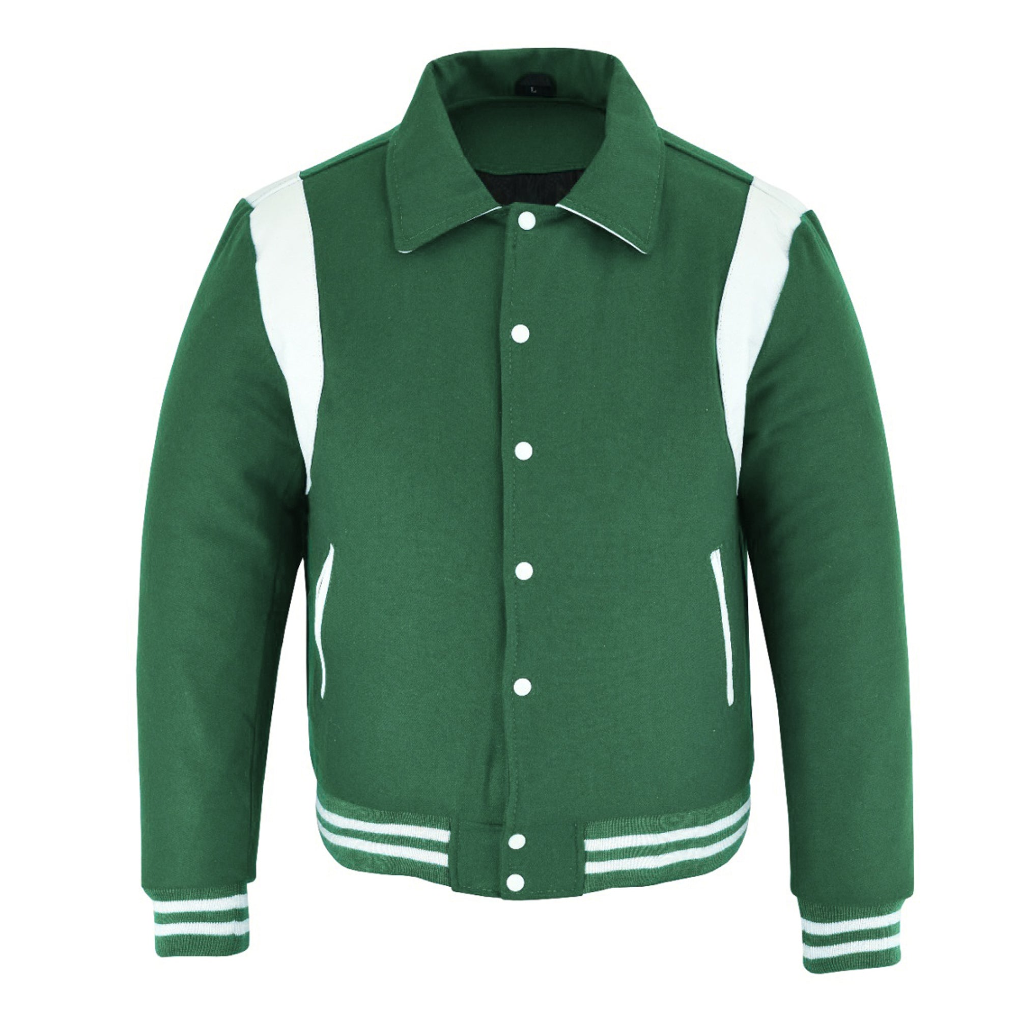 Baseball College Jacket Green Wool with White Single Leather Strip ...