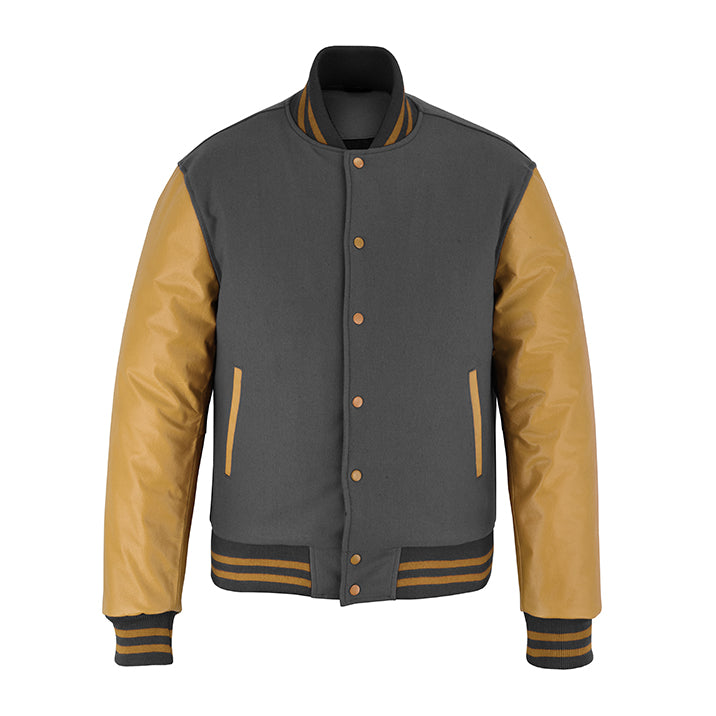 Classic Varsity Letterman Jacket Dark Grey Wool with Beige Sleeves ...
