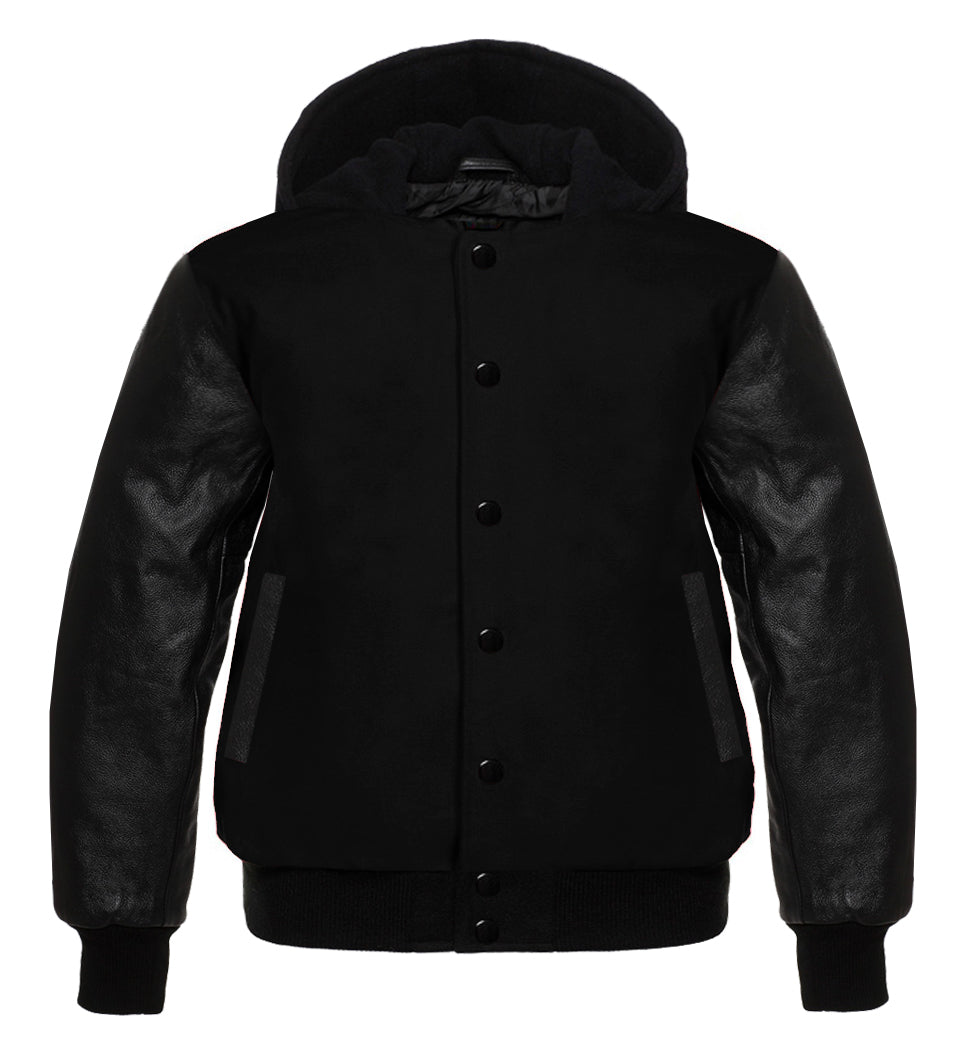 Hooded Varsity Lettermen Jacket Black with White Genuine Leather ...