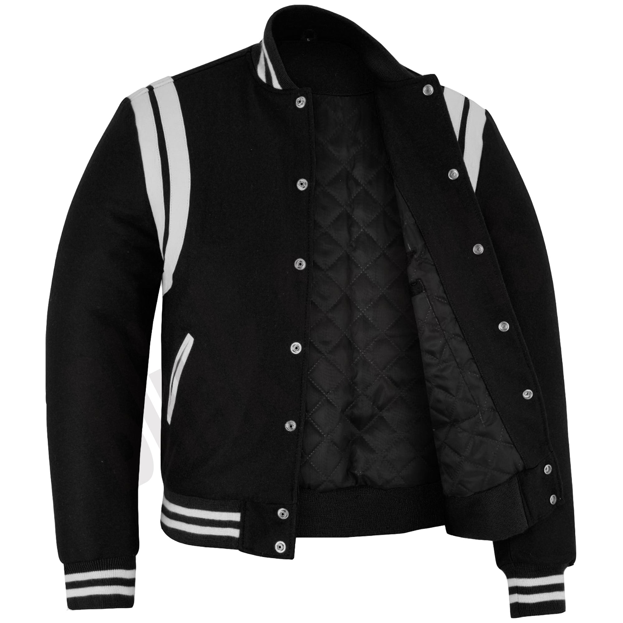 Classic Varsity Letterman Baseball College Jacket Black Wool with Whit ...