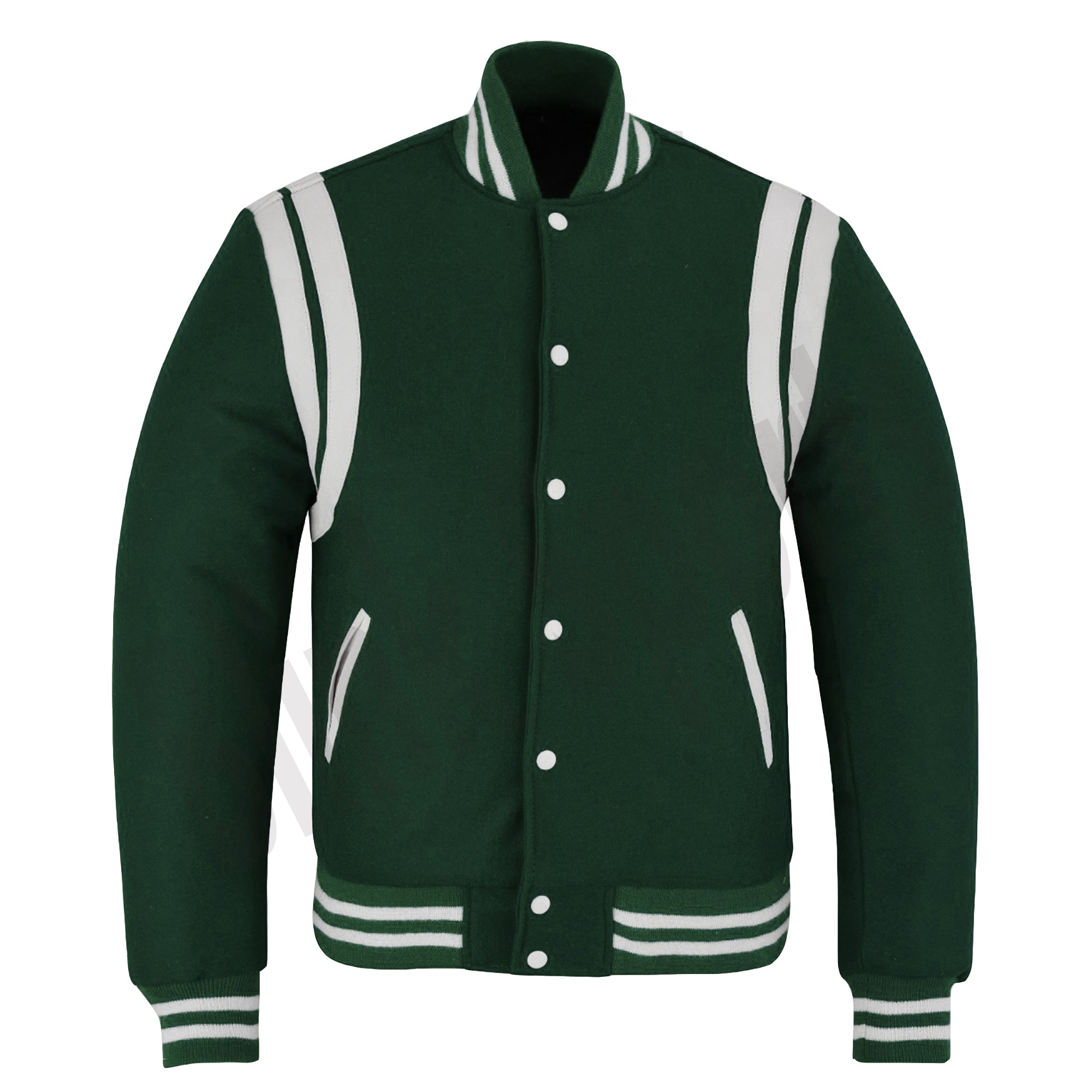 College Jacket Forest Green Wool with White Double Leather Strip ...