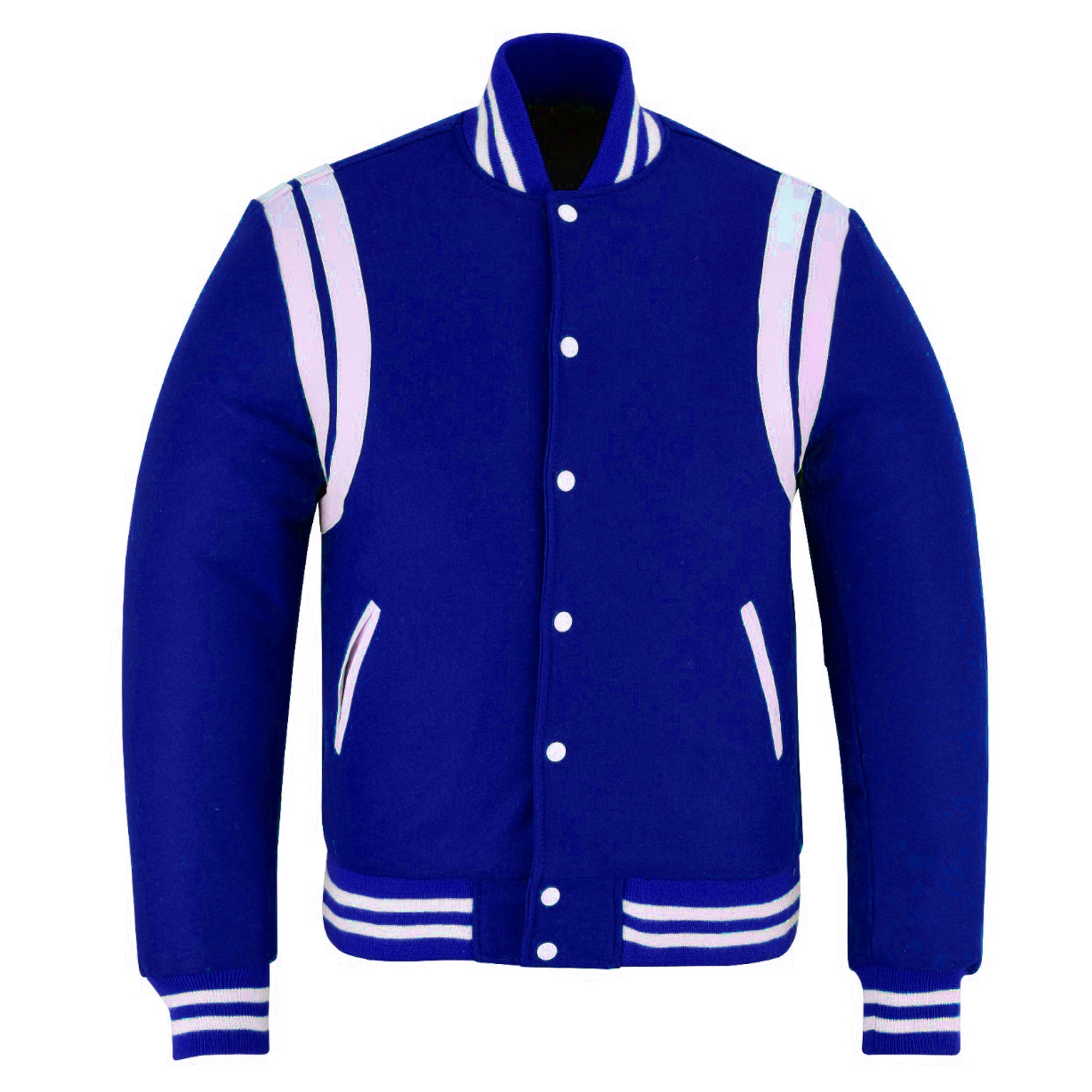 Baseball College Jacket Royal Blue Wool with White Double Leather Strip ...