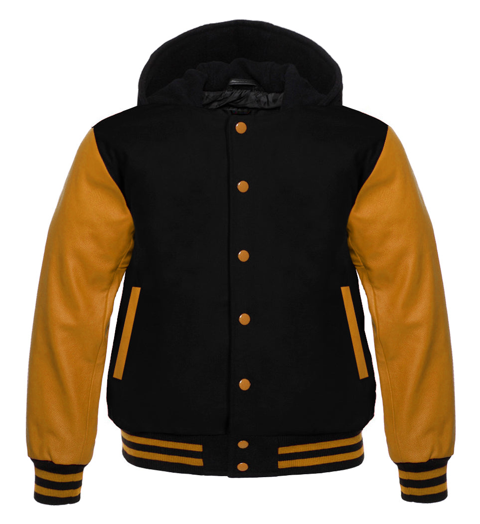 Hooded Varsity Lettermen Jacket Black with Gold Leather Sleeves ...