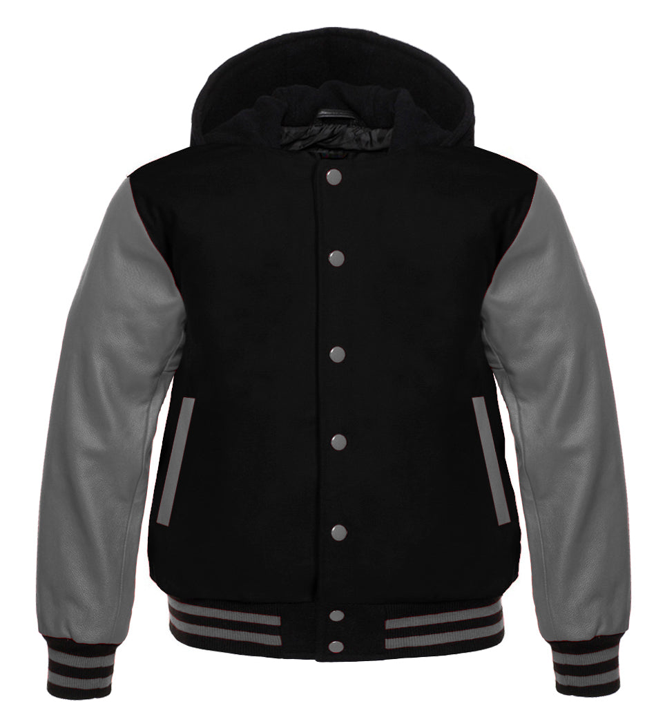 Hooded Varsity Lettermen Jacket Black with Gray Genuine Leather Sleeve ...